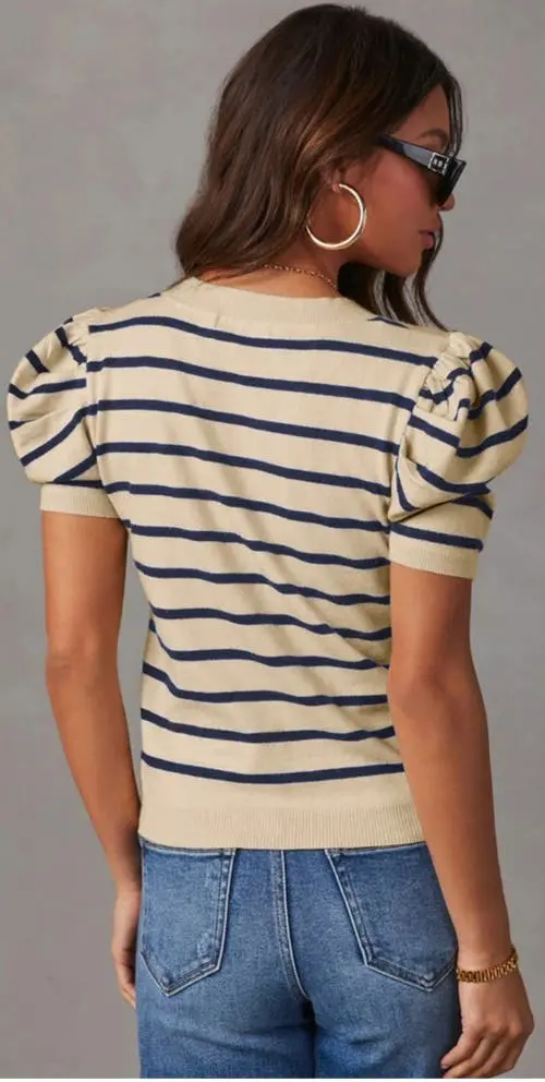 ZILPU Striped Puff Sleeve Knit Top - Apricot