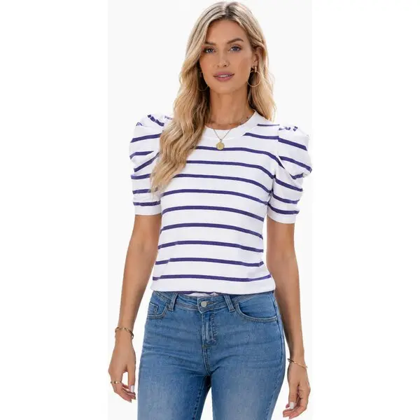 ZILPU Striped Puff Sleeve Knit Top - Blue