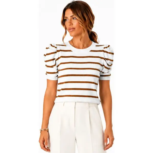 ZILPU Striped Puff Sleeve Knit Top - Brown