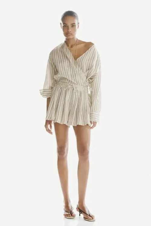 H&m Drawstring Shorts - Light Beige/striped