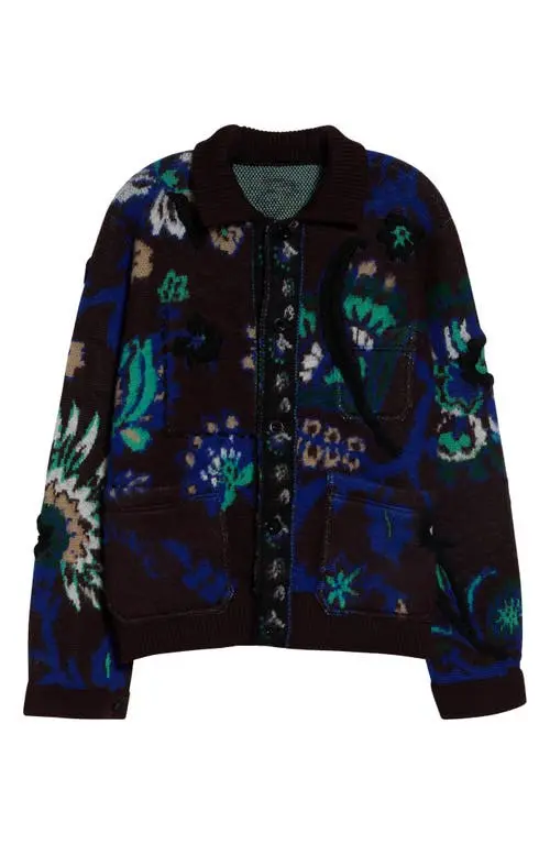 Sacai Floral Jacquard Knit Blouson Cardigan Sweater - Brown