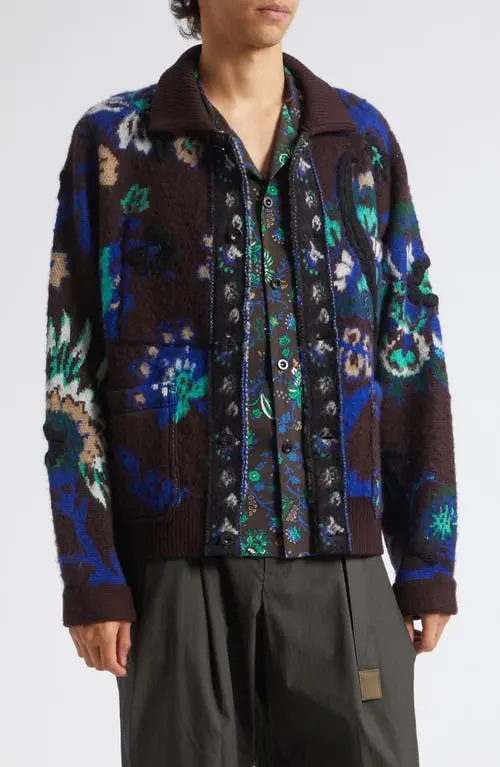 Sacai Floral Jacquard Knit Blouson Cardigan Sweater