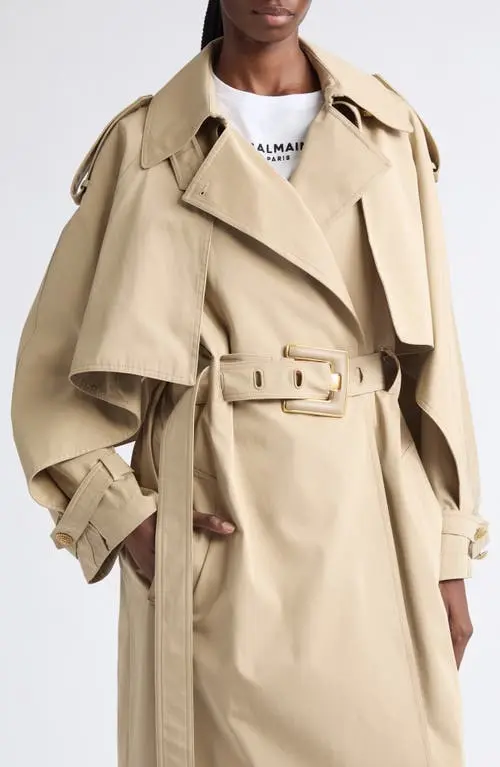 Balmain Belted Cotton Gabardine Trench Coat