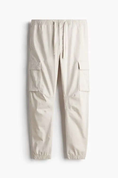 H&M Slim-fit Cotton Twill Cargo Pants With Drawstring Waist - Light Beige