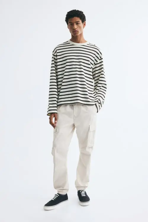 H&M Slim-fit Cotton Twill Cargo Pants With Drawstring Waist - Light Beige