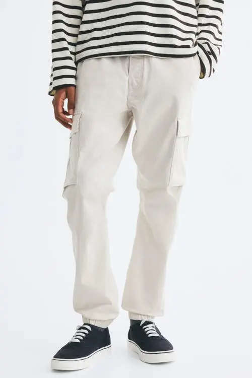 H&M Slim-fit Cotton Twill Cargo Pants With Drawstring Waist - Light Beige