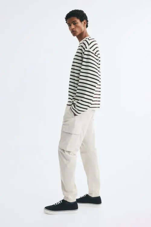 H&M Slim-fit Cotton Twill Cargo Pants With Drawstring Waist - Light Beige