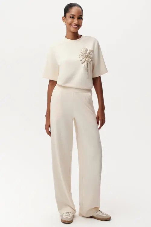 EXQUISE Wide Leg Knit Trousers - Ecru