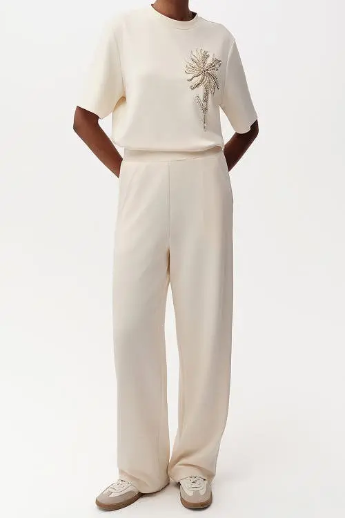 EXQUISE Wide Leg Knit Trousers - Ecru