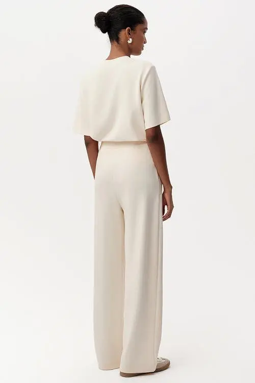 EXQUISE Wide Leg Knit Trousers - Ecru