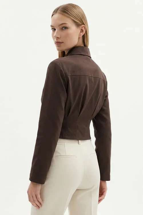 EXQUISE Felicia Long Sleeve Crop Shirt - Brown