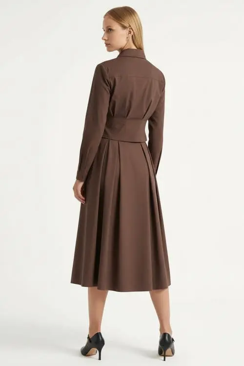 EXQUISE Felicia Long Sleeve Crop Shirt - Brown