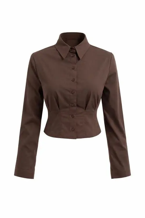 EXQUISE Felicia Long Sleeve Crop Shirt - Brown