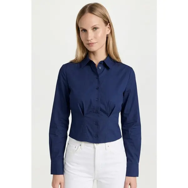 EXQUISE Felicia Long Sleeve Crop Shirt - Navy