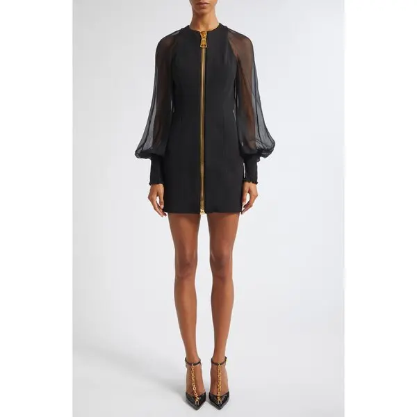 Balmain Sheer Sleeve Zip Minidress