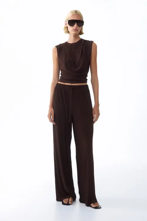 H&m Crinkled Drawstring Pants - Dark Brown