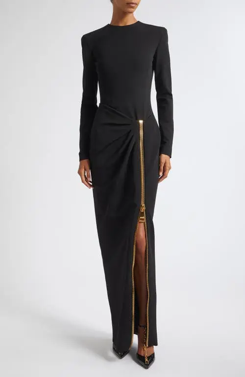 Balmain Long Sleeve Draped Zip Compact Jersey Maxi Dress - 0pa Black