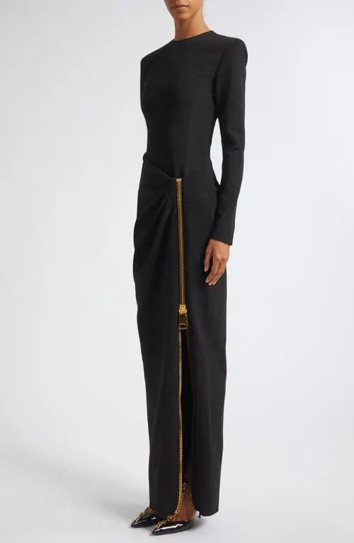 Balmain Long Sleeve Draped Zip Compact Jersey Maxi Dress - 0pa Black
