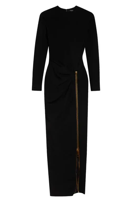 Balmain Long Sleeve Draped Zip Compact Jersey Maxi Dress - 0pa Black
