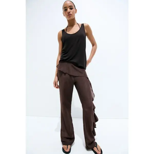 H&m Flounced Crinkled Pants - Dark Brown