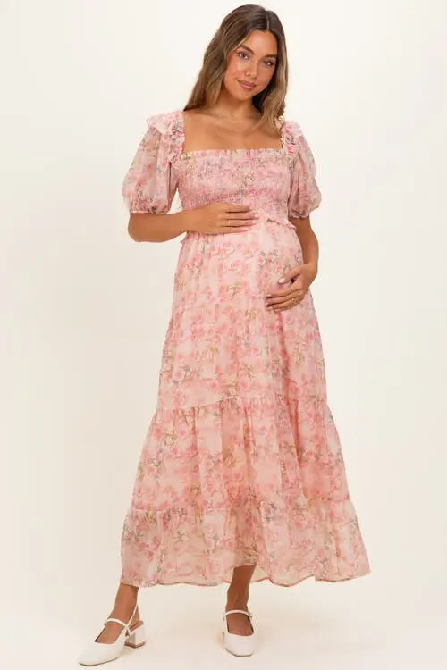 PINKBLUSH Floral Chiffon Smocked Maxi Dress - Pink