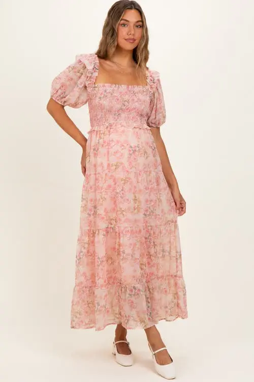 PINKBLUSH Floral Chiffon Smocked Puff Sleeve Maxi Dress