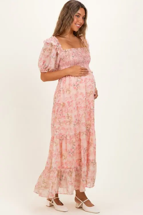 PINKBLUSH Floral Chiffon Smocked Puff Sleeve Maxi Dress