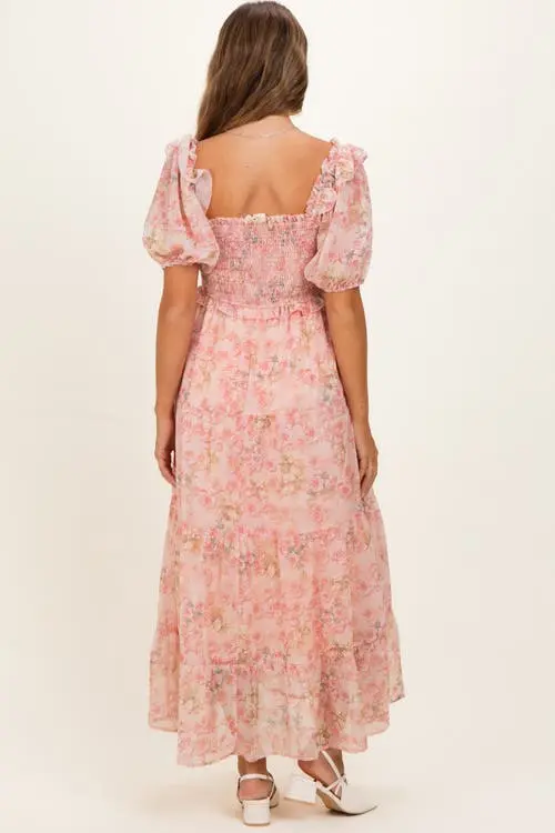 PINKBLUSH Floral Chiffon Smocked Puff Sleeve Maxi Dress