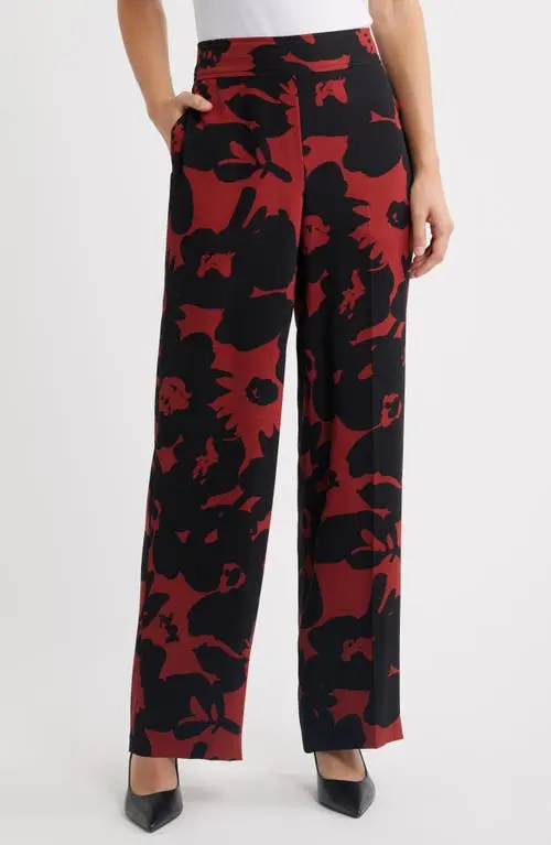 Anne Klein Floral High Waist Wide Leg Pants - Rust/anne Black