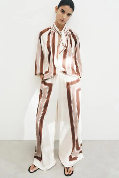 H&m Satin Drawstring Pants - Cream/patterned