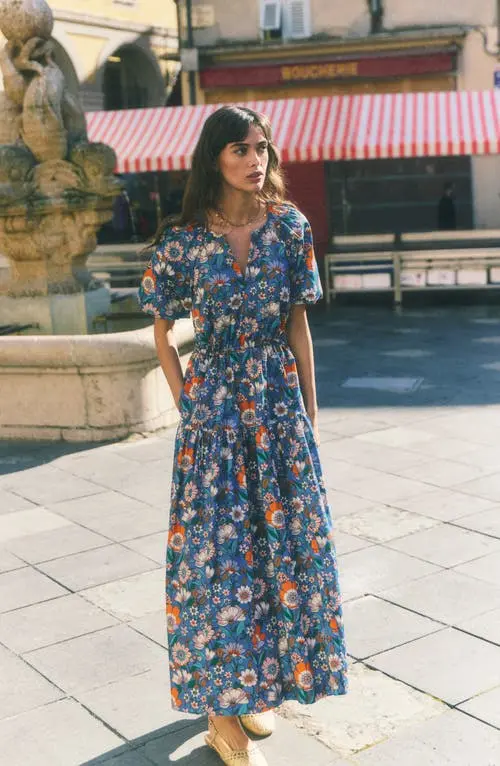 Boden Floral Print Linen Tiered Dress