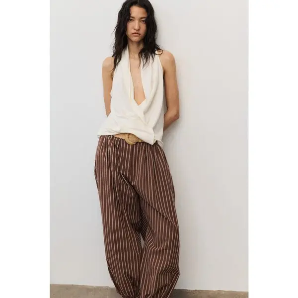 H&m Belted Balloon-leg Pants - Brown/striped