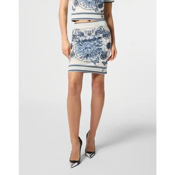 Philipp Plein Knitted Mini Skirt With Butterfly Tattoo Embroidery - Lightblue