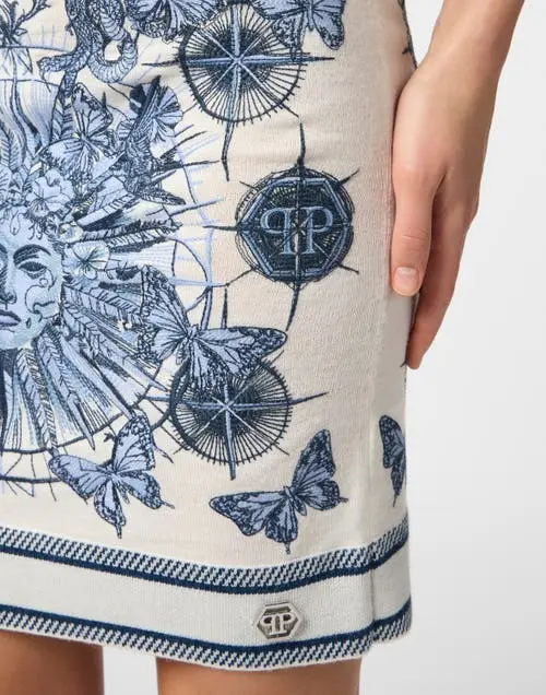 Philipp Plein Knitted Mini Skirt With Butterfly Tattoo Embroidery - Lightblue