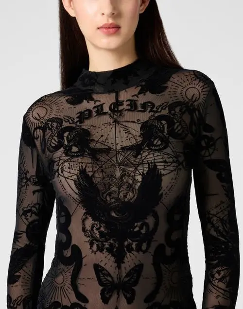 Philipp Plein Long Sleeve Mini Dress With Flocked Butterfly Tattoo Detail