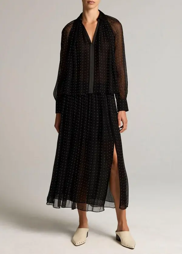 Vince Heat-set Dot Chiffon Gathered Skirt - Black