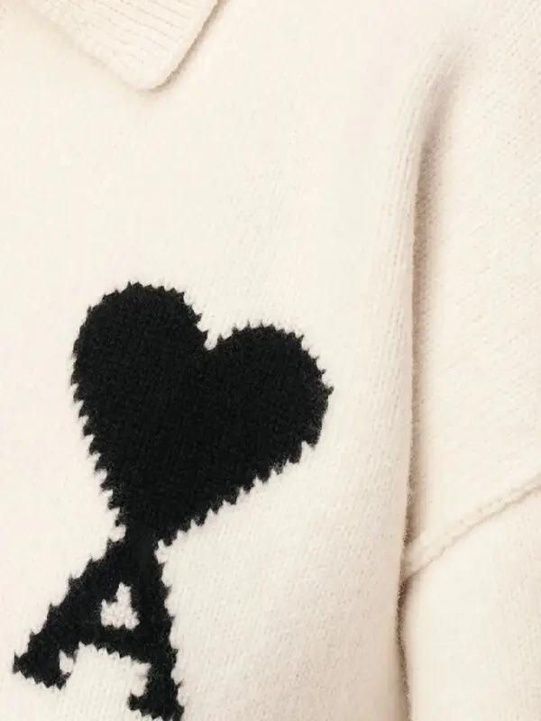 AMI Paris De Coeur Ribbed Hem Polo Shirt - White/black