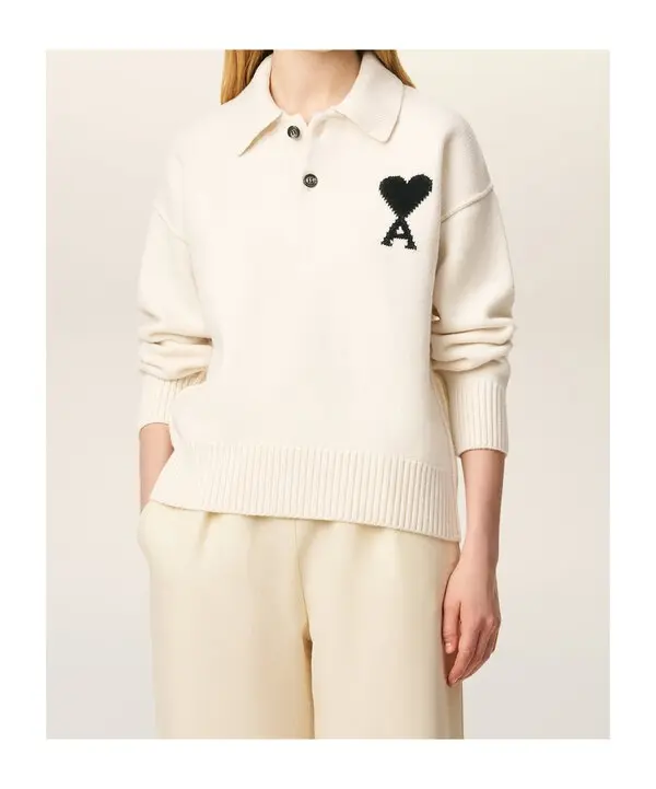 AMI Paris De Coeur Ribbed Hem Polo Shirt - White/black