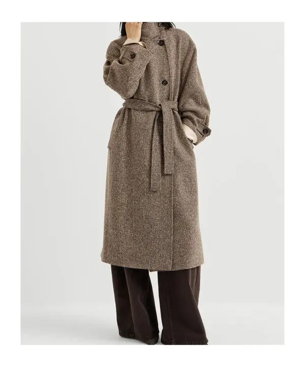 Brunello Cucinelli Sparkling Chevron Belted Coat - Light Brown