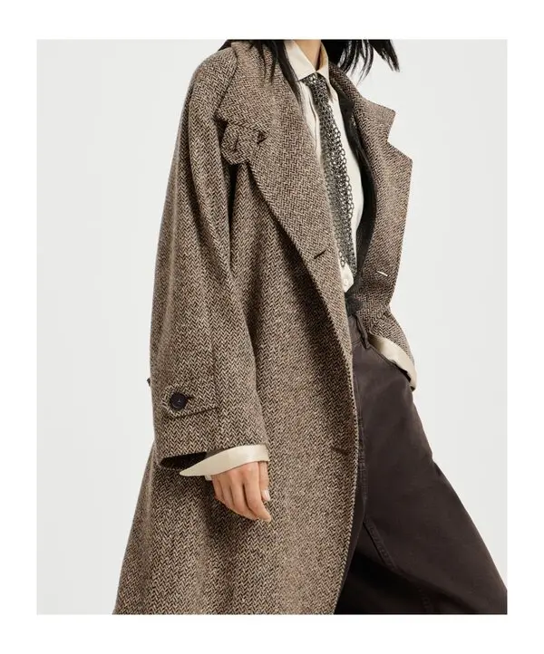 Brunello Cucinelli Sparkling Chevron Belted Coat - Light Brown