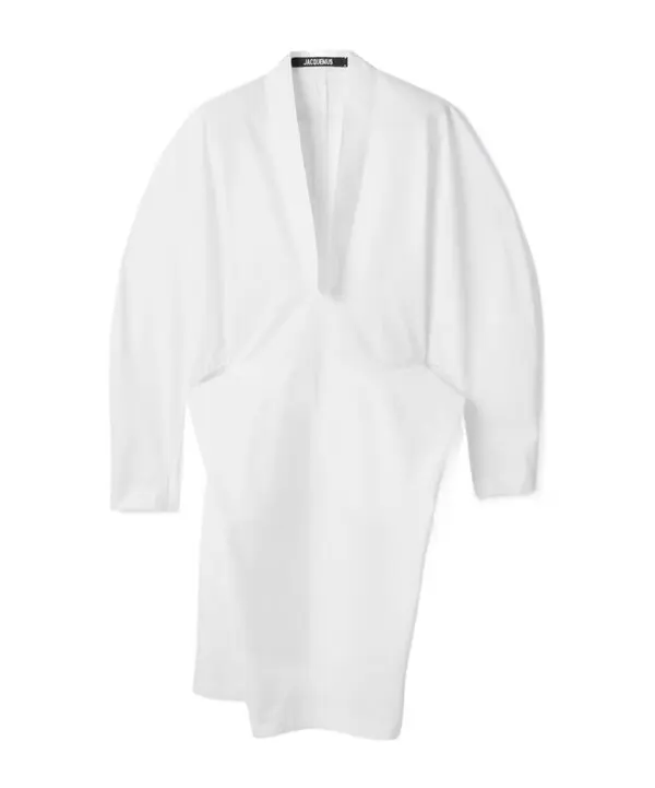 Jacquemus V-neck Fitted Dress With Long Sleeves And Ruffled Back - White