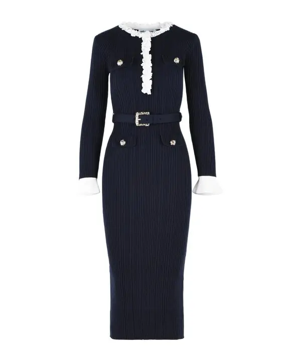SELF-PORTRAIT Floral Appliqué Belted Midi Dress - Navy