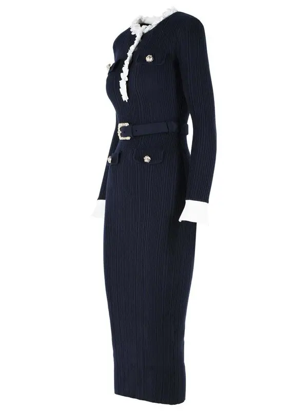 SELF-PORTRAIT Floral Appliqué Belted Midi Dress - Navy