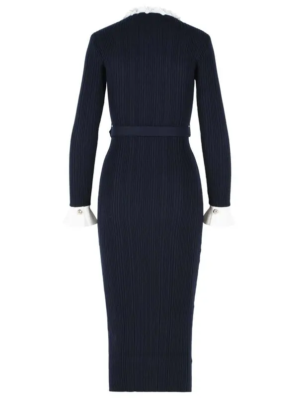 SELF-PORTRAIT Floral Appliqué Belted Midi Dress - Navy