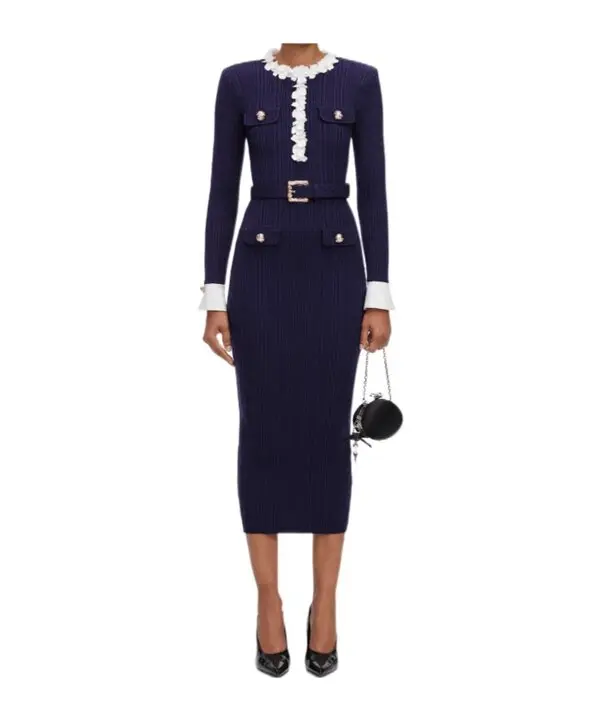 SELF-PORTRAIT Floral Appliqué Belted Midi Dress - Navy