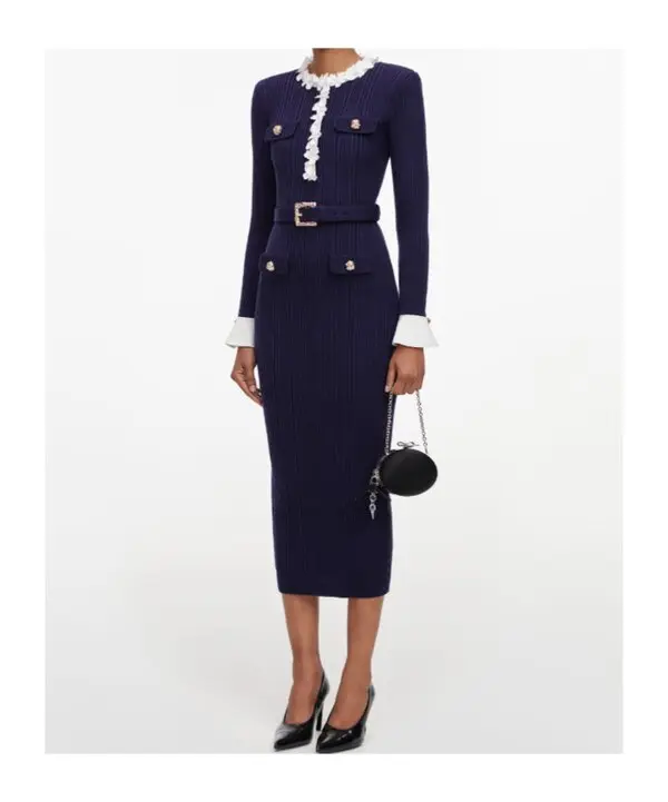 SELF-PORTRAIT Floral Appliqué Belted Midi Dress - Navy