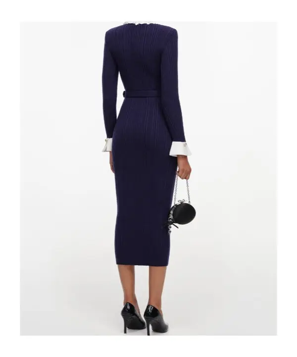SELF-PORTRAIT Floral Appliqué Belted Midi Dress - Navy
