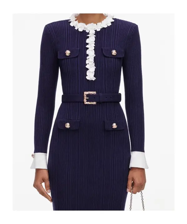 SELF-PORTRAIT Floral Appliqué Belted Midi Dress - Navy