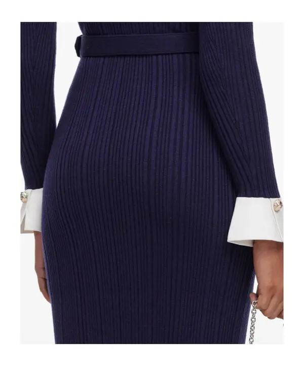 SELF-PORTRAIT Floral Appliqué Belted Midi Dress - Navy