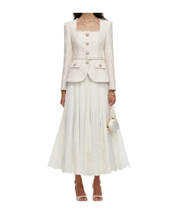 SELF-PORTRAIT Tailored Boucle And Chiffon Midi Dress - Cream